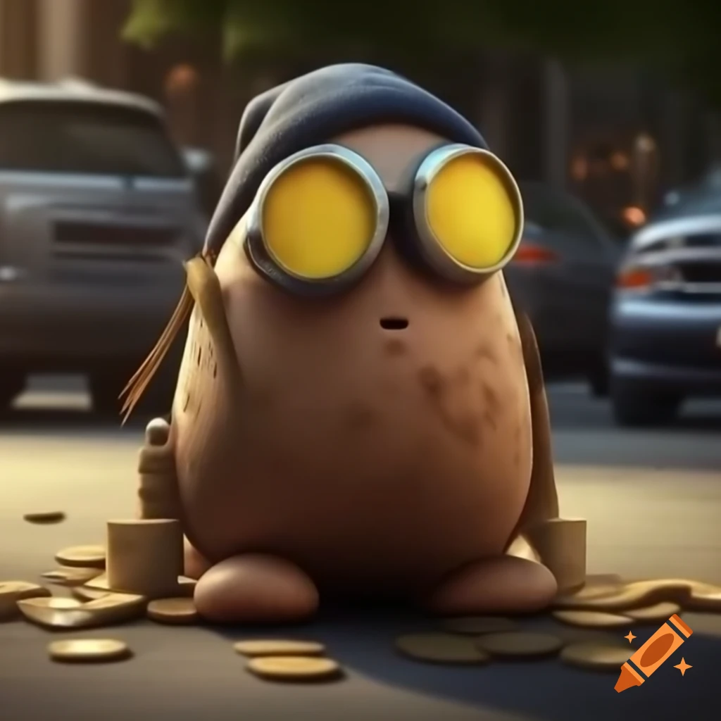 Potato character with goggles, beanie, and scarf near cars and coins in ...