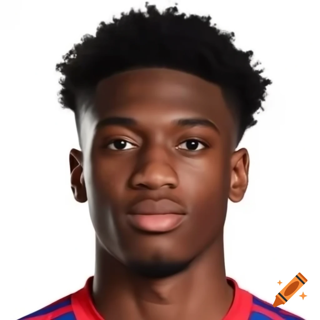 Realistic portrait of young male footballer in red and blue jersey on ...