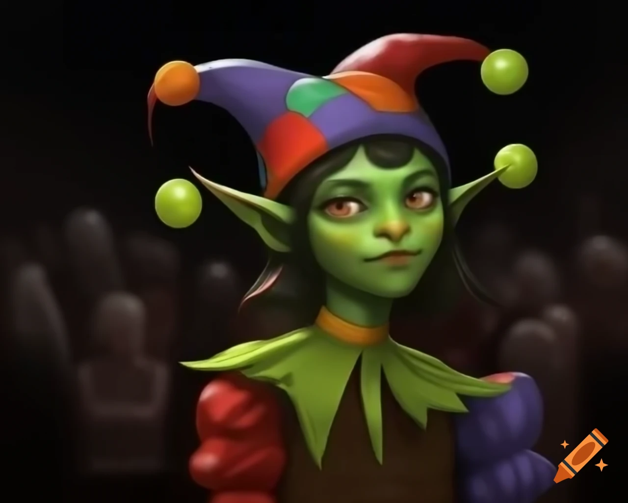 Green-skinned goblin girl in jester outfit dancing for an audience in ...