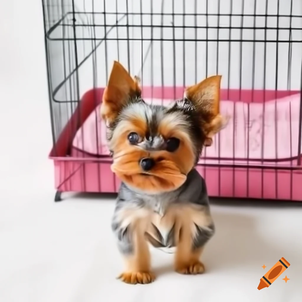 Cute teacup Yorkie leaving cage with pink dog bed on Craiyon