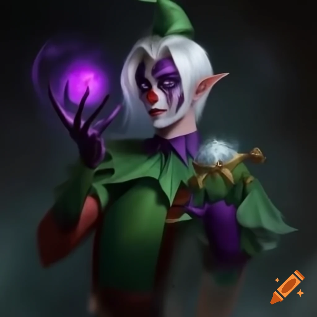 Dark elf jester with white hair holding magic orb on Craiyon