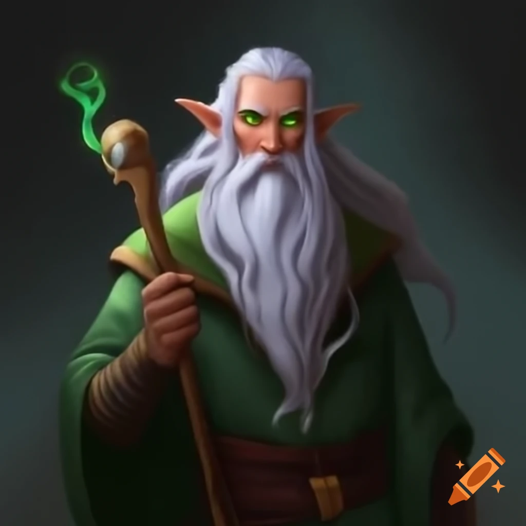 Male half-elf wizard with white hair and beard, holding a staff with ...