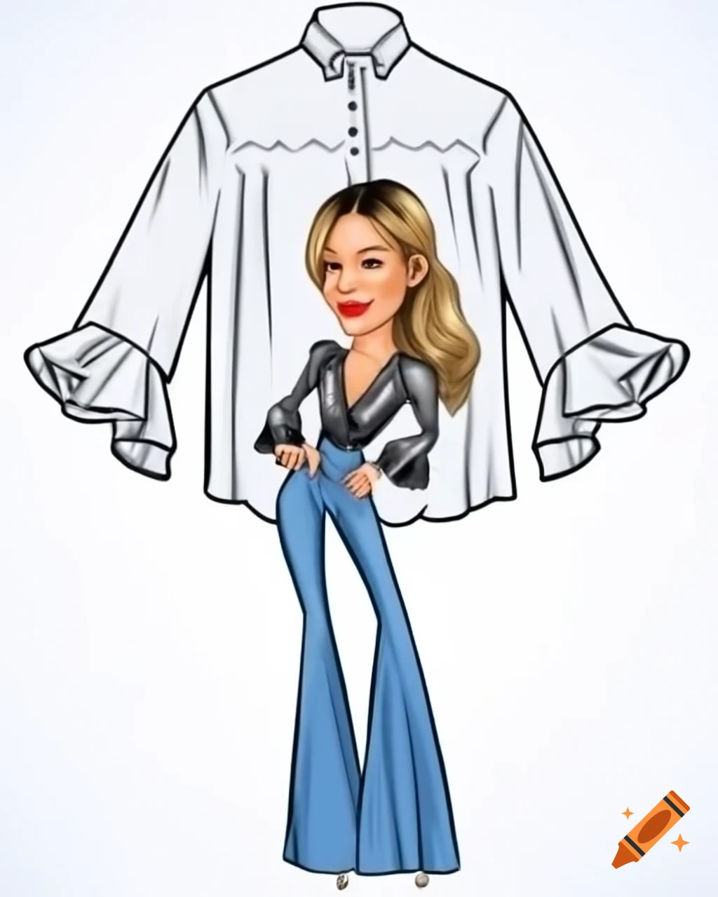 Cartoon caricature of Hilary Duff in satin blouse and 1970s flared ...