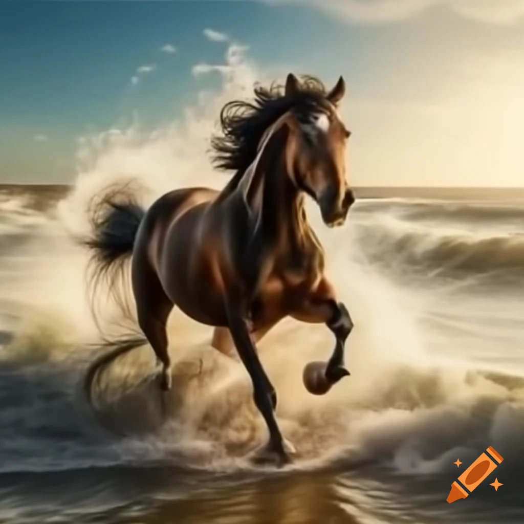 Realistic horse running along shoreline with waves and sunlight on Craiyon