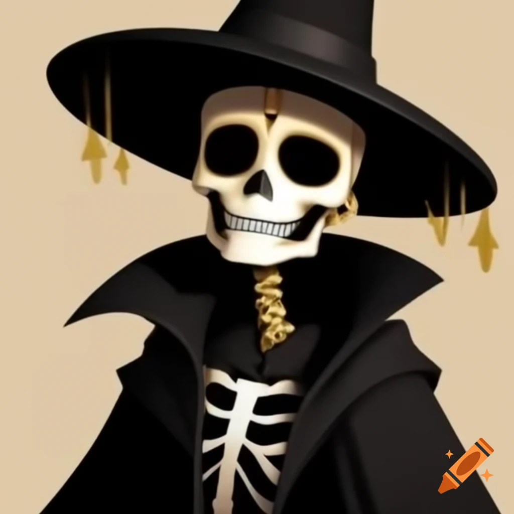 Cartoon character with gold skeleton mask, black hair, hat, and cape on ...