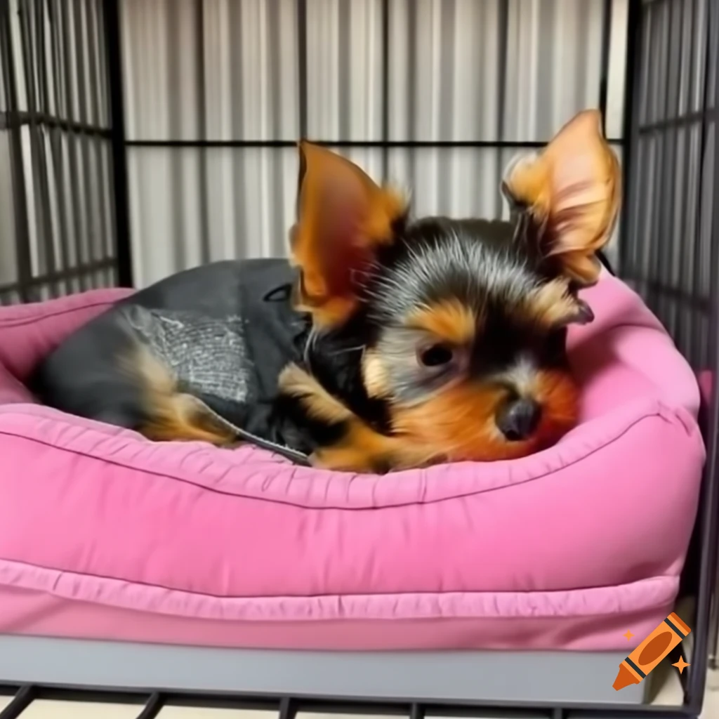 Cute teacup Yorkie sleeping in crate on pink dog bed on Craiyon