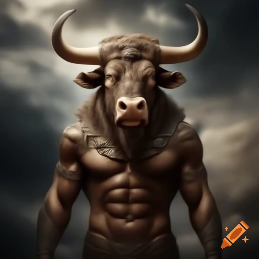 Full-body minotaur based on Greek mythology with human torso on white ...