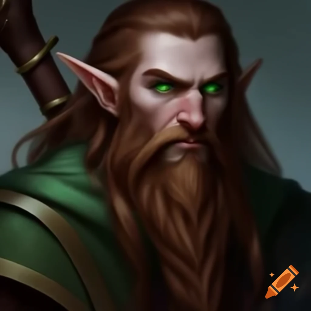 Half elf wizard with brown hair, beard, green eyes, and staff on Craiyon