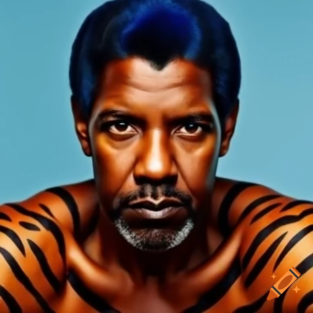 Muscular person with tiger-style makeup, blue hair and orange skin with ...