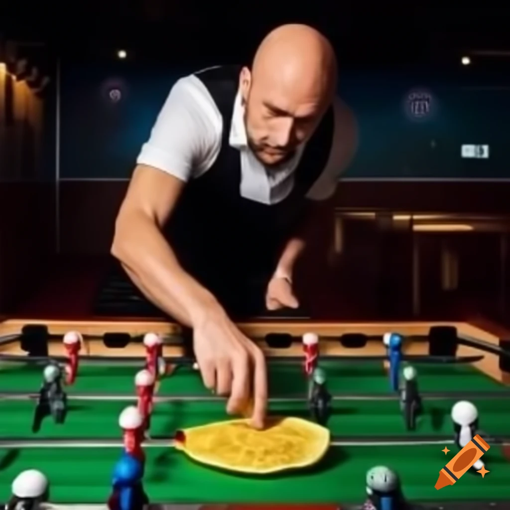 Bald man cooking omelette on foosball table on Craiyon