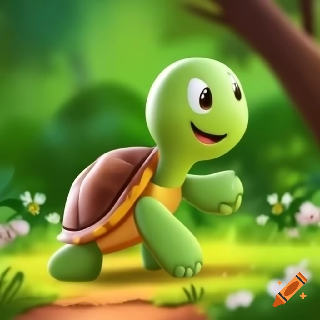 Cartoon turtle smiling walking on forest path with blooming flowers on ...