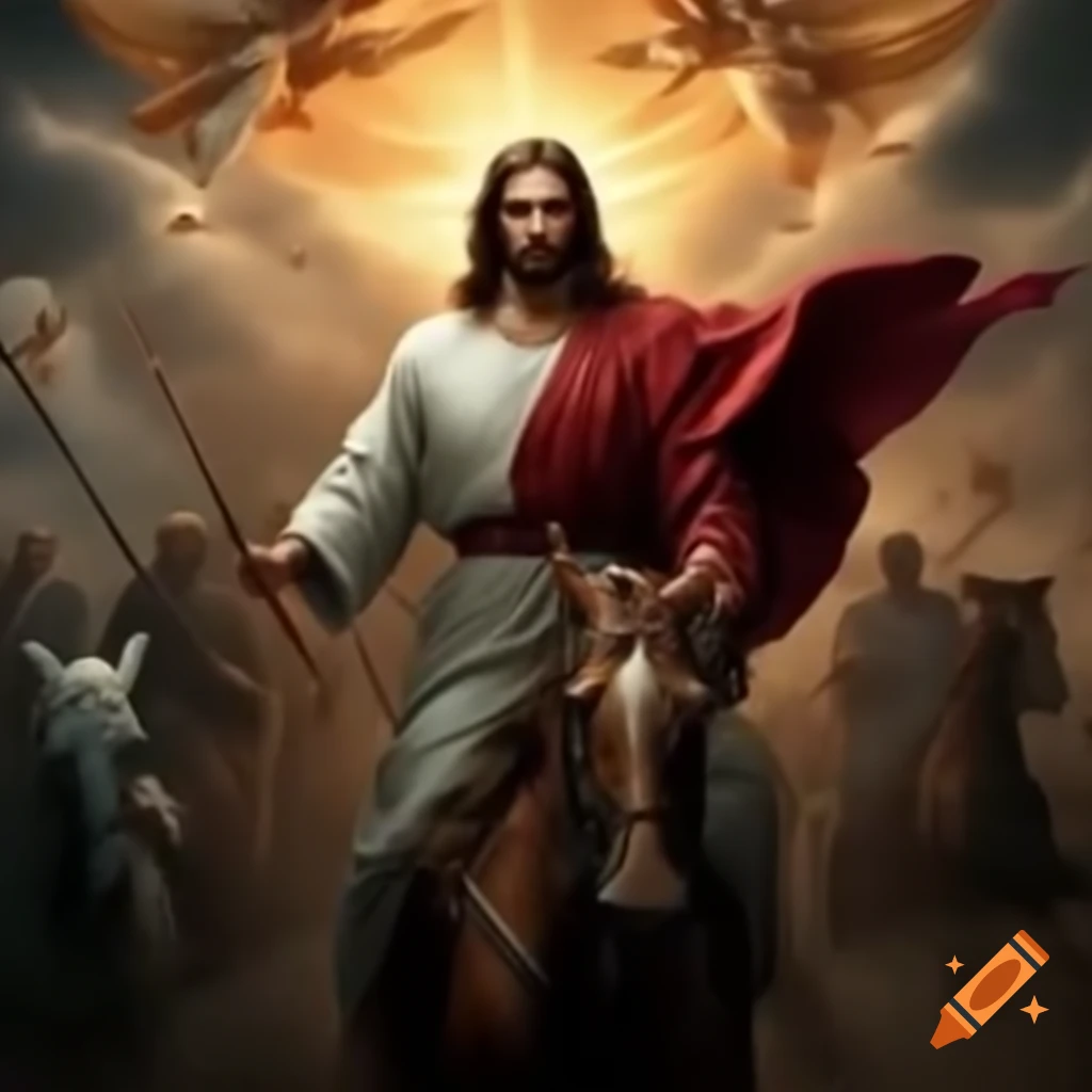 Jesus Christ leading heavenly cavalry in Armageddon battle on Craiyon