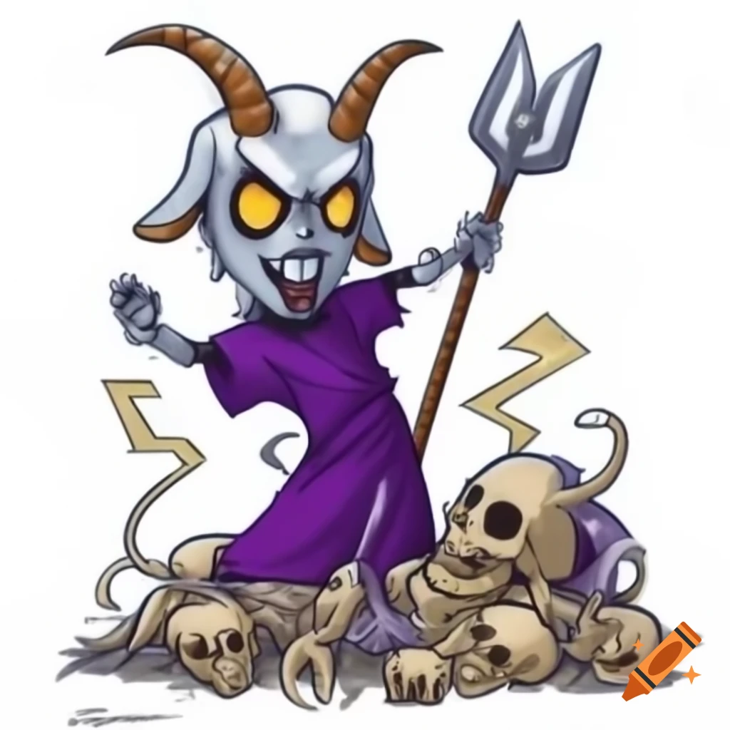 Woodcut style illustration of a menacing goat in purple cloak with ...