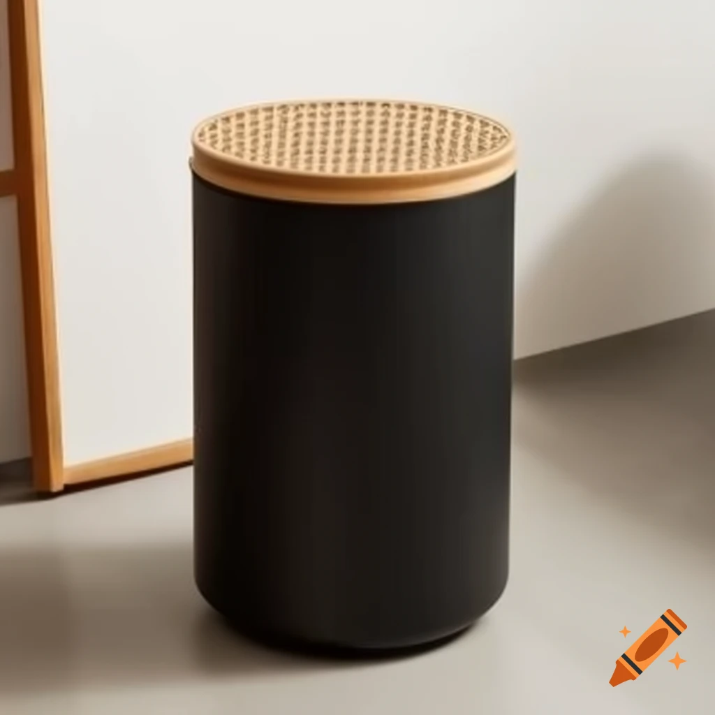 Modern cylindrical trash can with bamboo lid in clean designed bathroom ...
