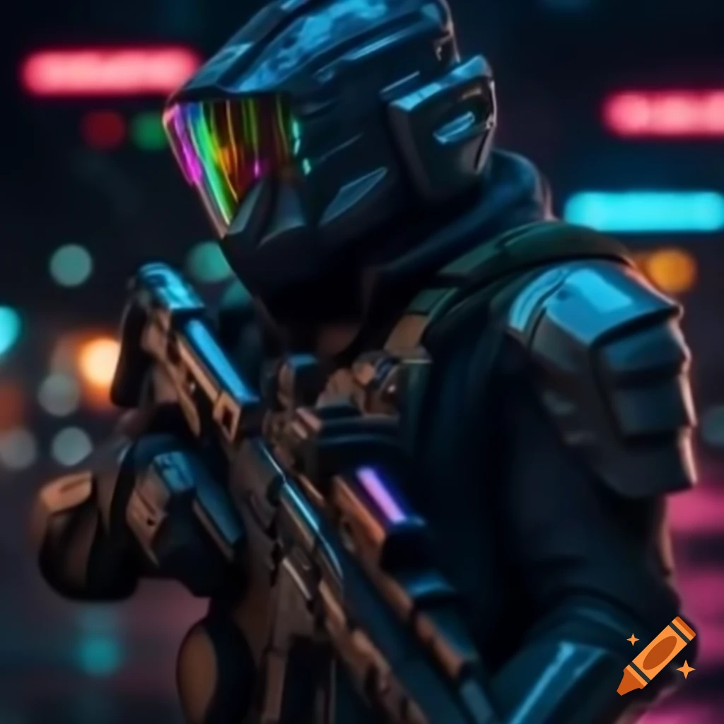 Man in cyberpunk armor with glowing visor and laser rifle in futuristic ...