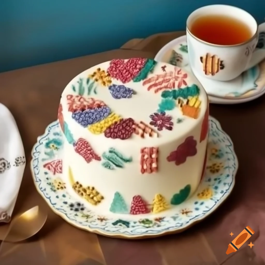 Colorful cake with intricate patterns on vintage plate with tea cup on ...