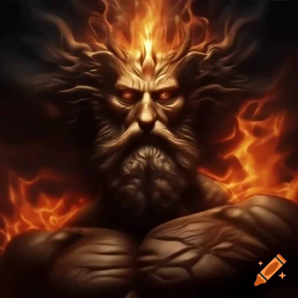 Representation of the god of fire with flames and divine elements on ...