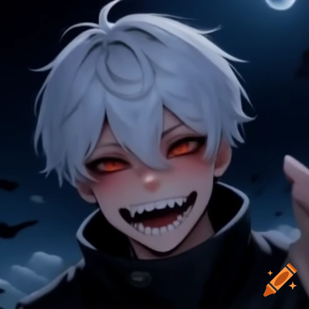 Mysterious male figure with messy white hair and visible fangs ...