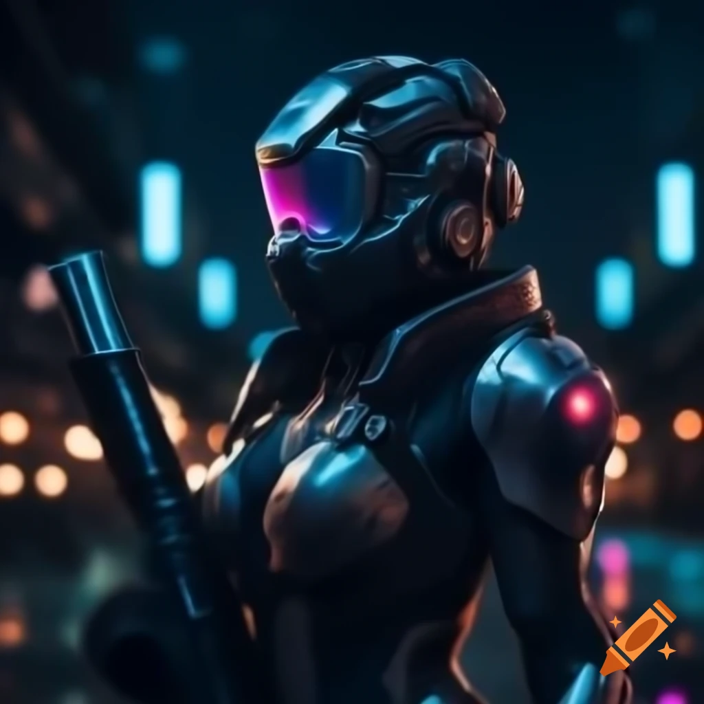 Woman in cyberpunk armor with glowing visor and laser rifle in deserted ...