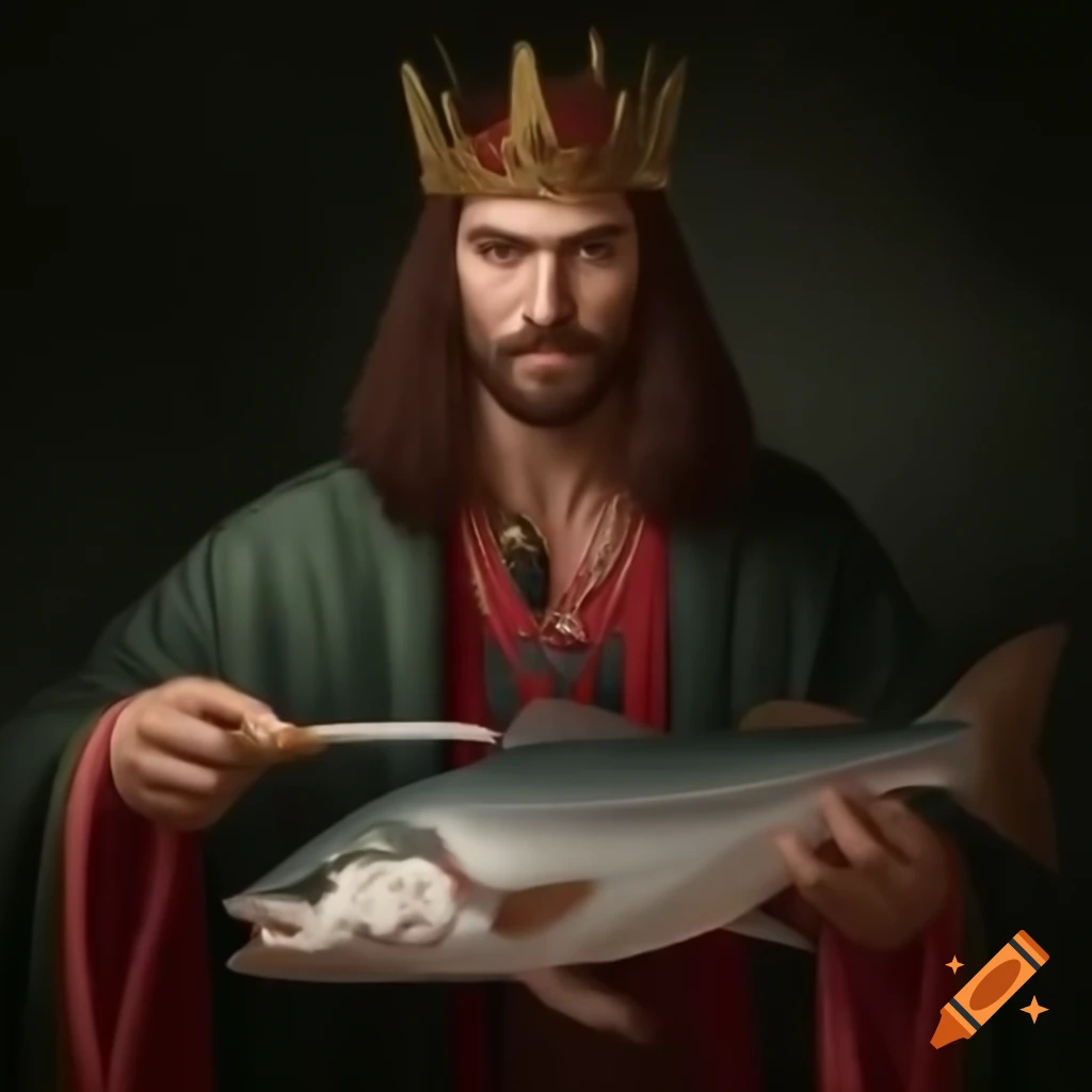 Henry VIII holding a fish for a humorous tinder profile on Craiyon