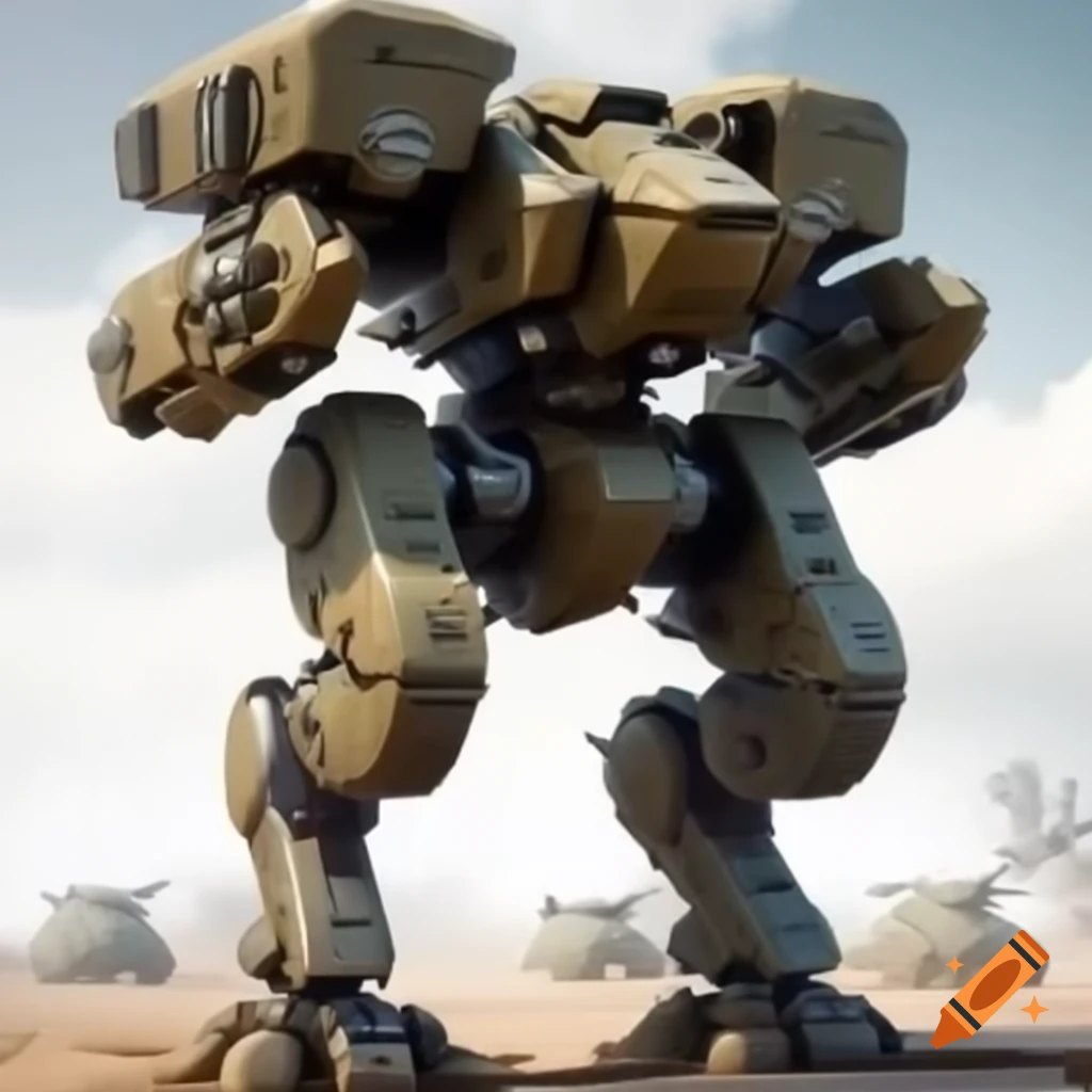 Symmetrical bipedal battle mech with angular lines and military tan ...