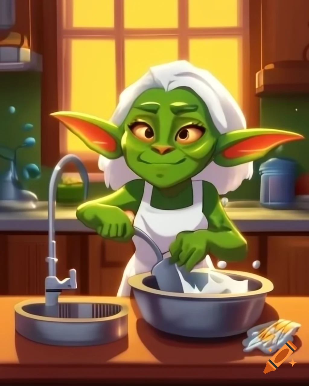 Green-skinned goblin girl washing dishes in cozy kitchen, anime style ...