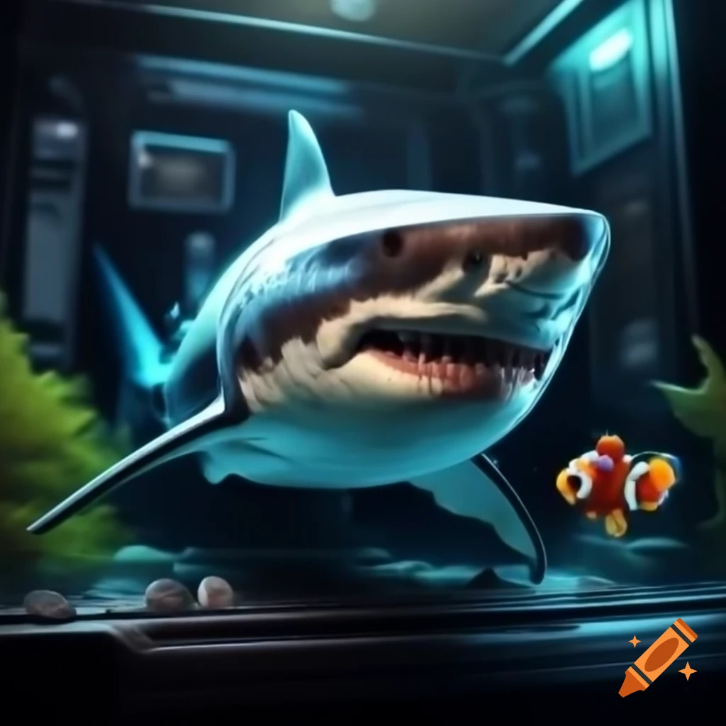 Cyber-shark with clownfish inside a computer case on Craiyon