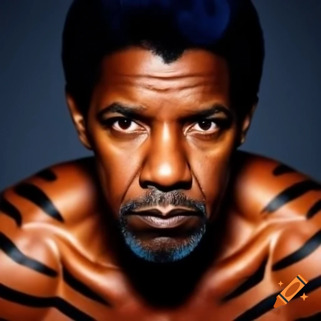 Muscular figure resembling Denzel Washington with tiger makeup and colorful features on Craiyon