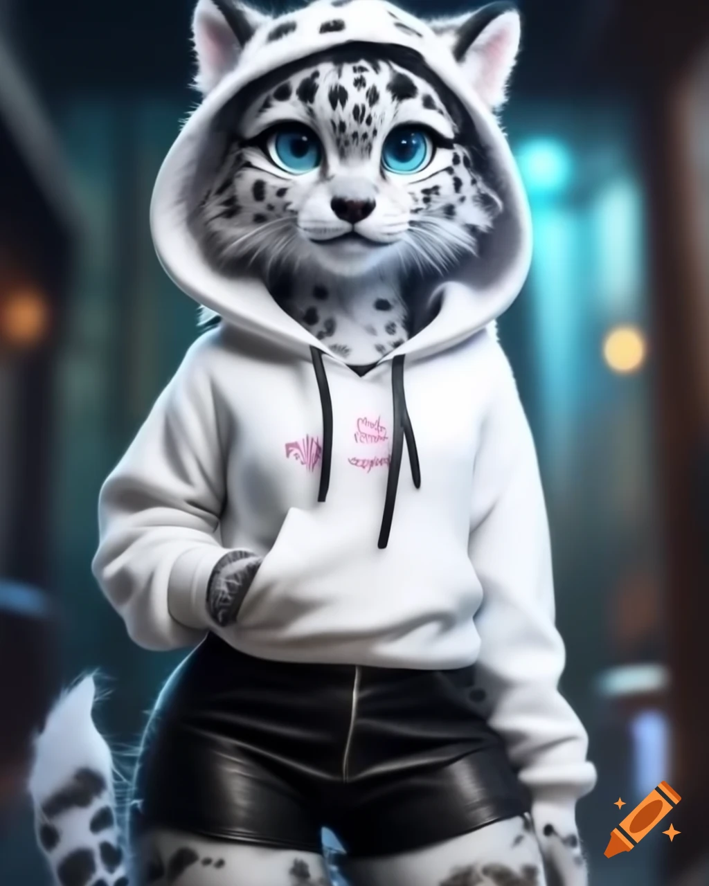 Anthro snow leopard character in white hoodie and black shorts on Craiyon