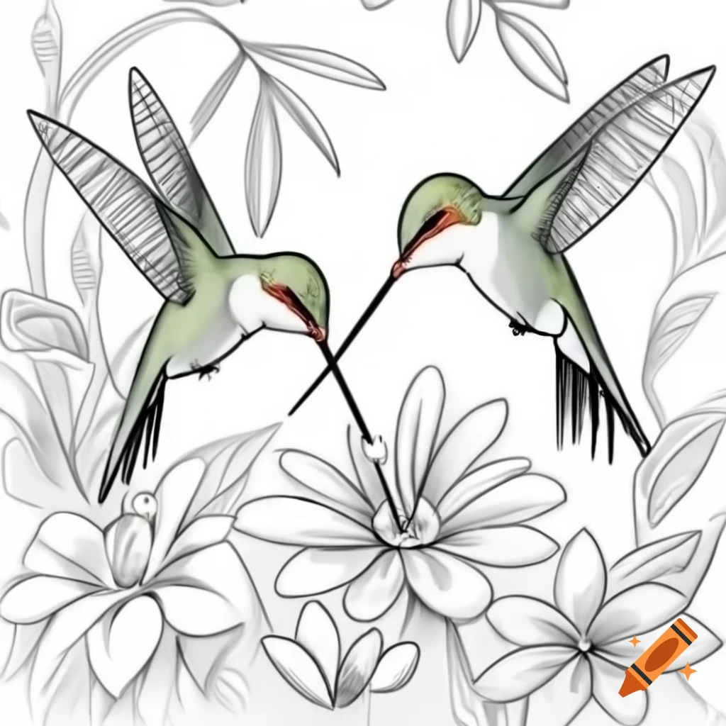 Line drawing of two long-billed hummingbirds touching beaks with ...