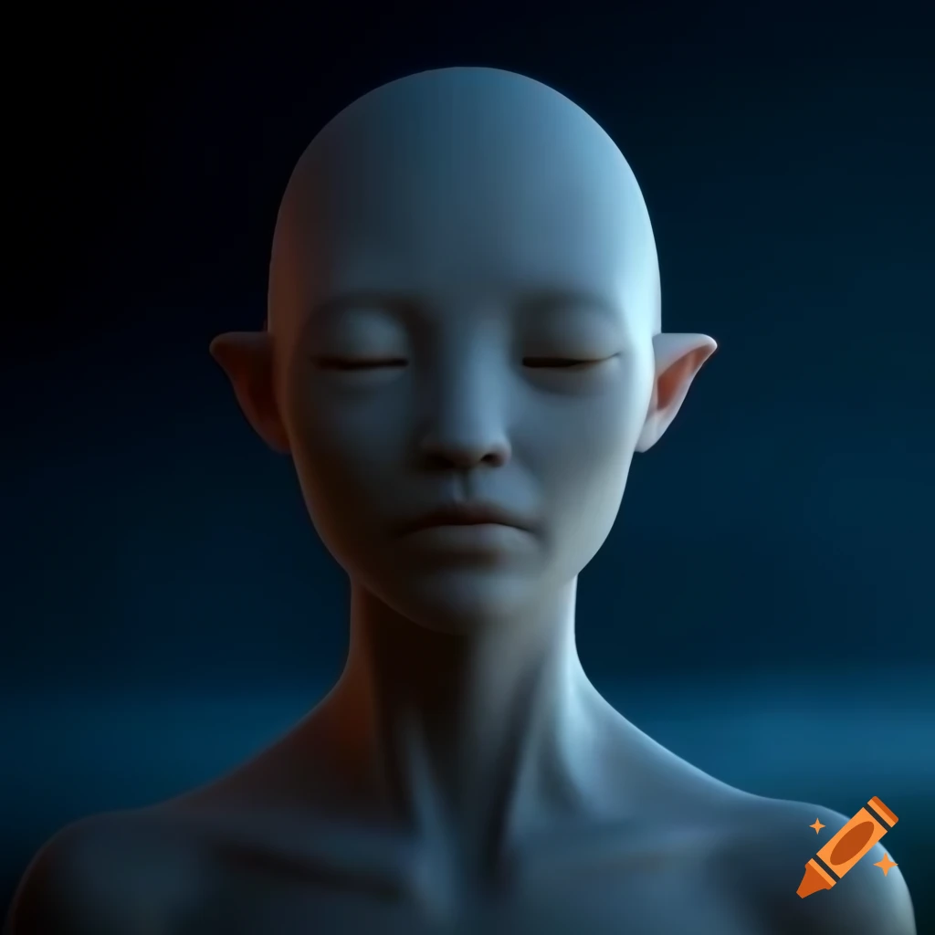 Serene humanoid face with stone-like skin and calm grey-blue eyes on ...