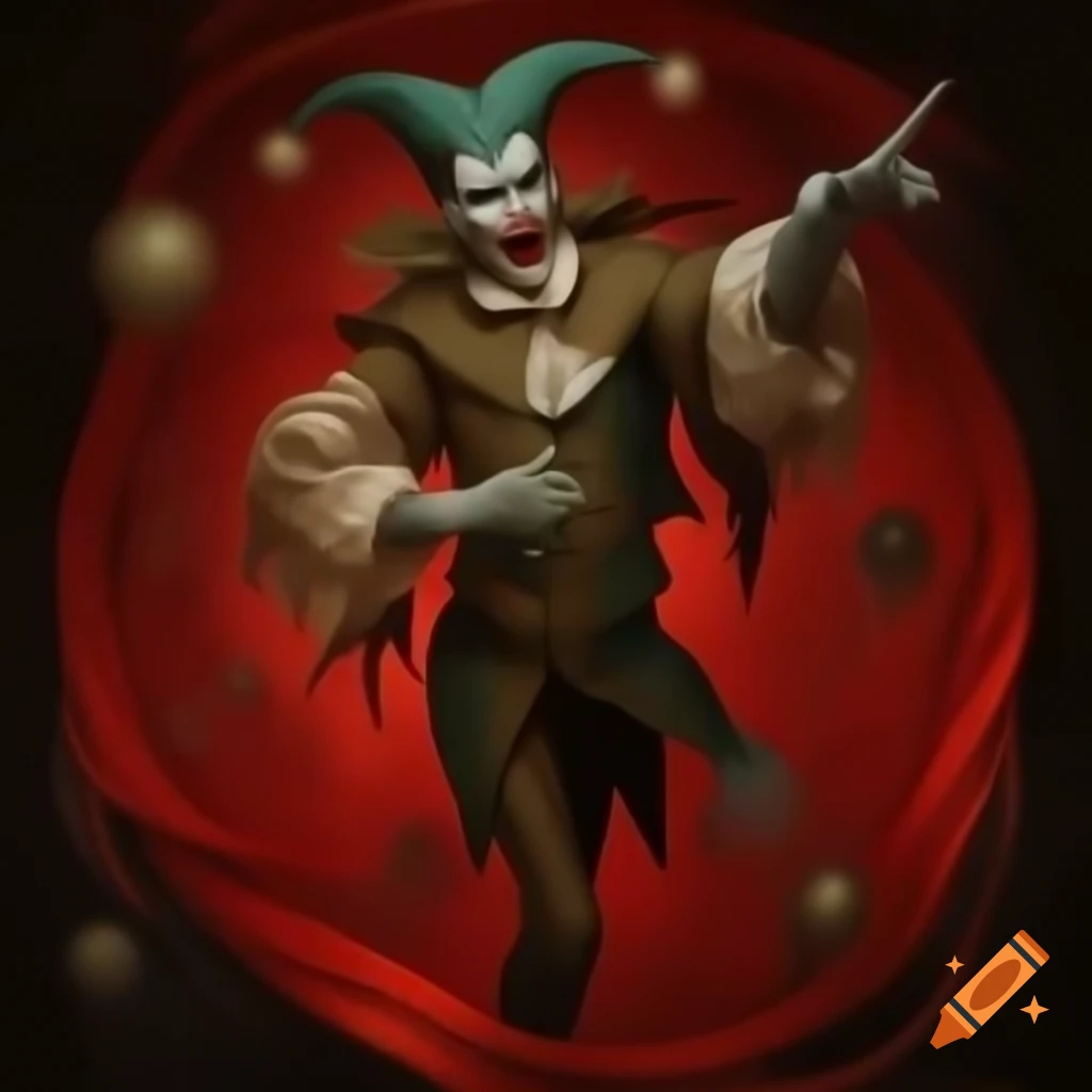 Humanoid jester in normal clothes floating and pointing at giant red ...