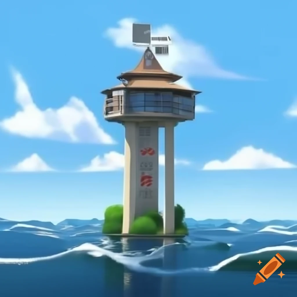 Tower in water with AI flood control panel, featuring four display ...