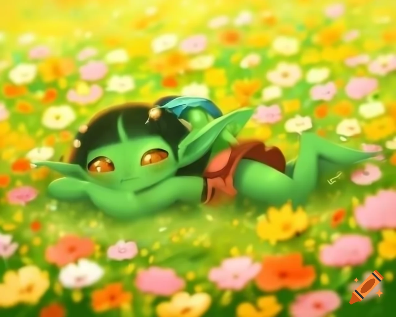 Two green-skinned goblin girls in a colorful flower field, anime style ...