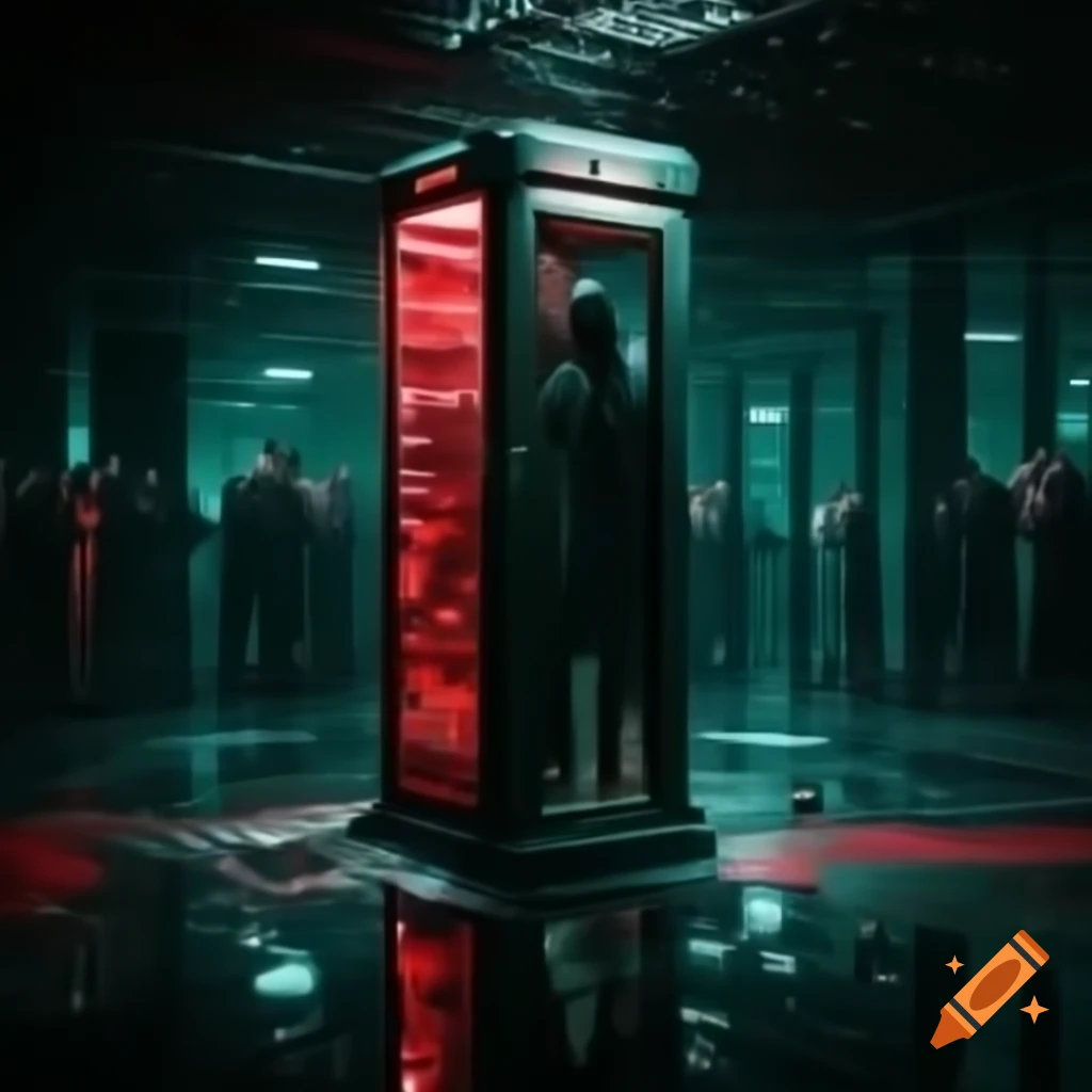 Cinematic depiction of Neo holding red and blue pills with green code ...