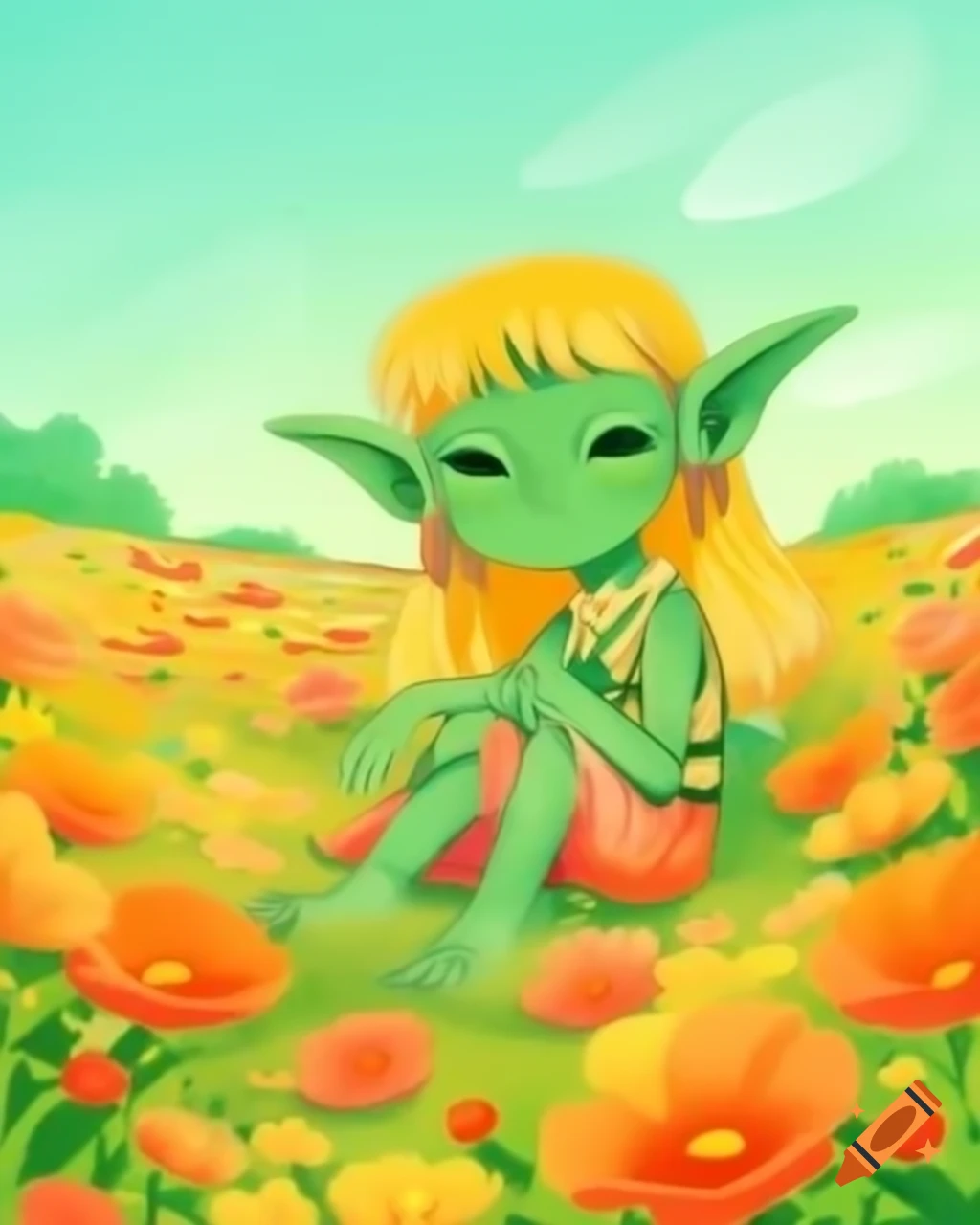 Green-skinned goblin girl in colorful flower field enjoying summer ...
