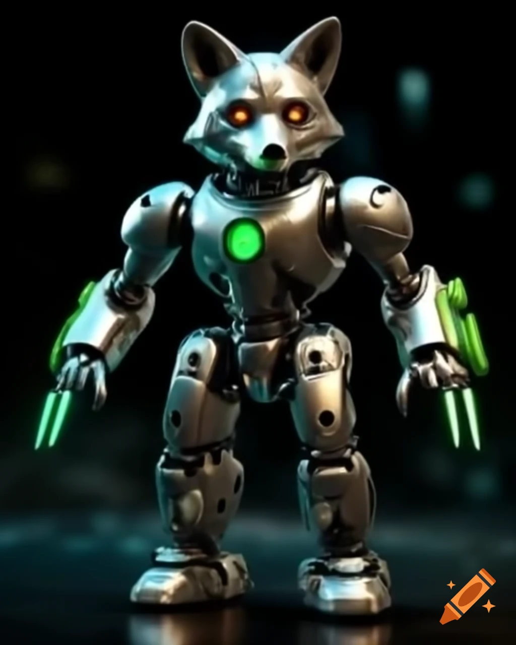 Robot fox in silver with green blades and glowing eyes on Craiyon