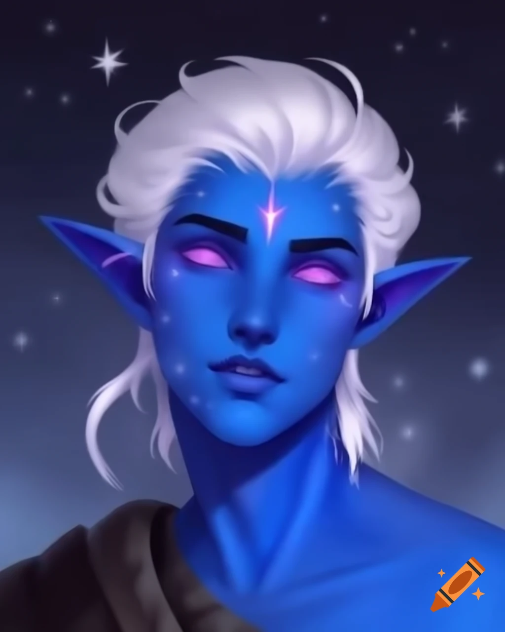 Fantasy character with blue skin and white hair against snowy starry ...
