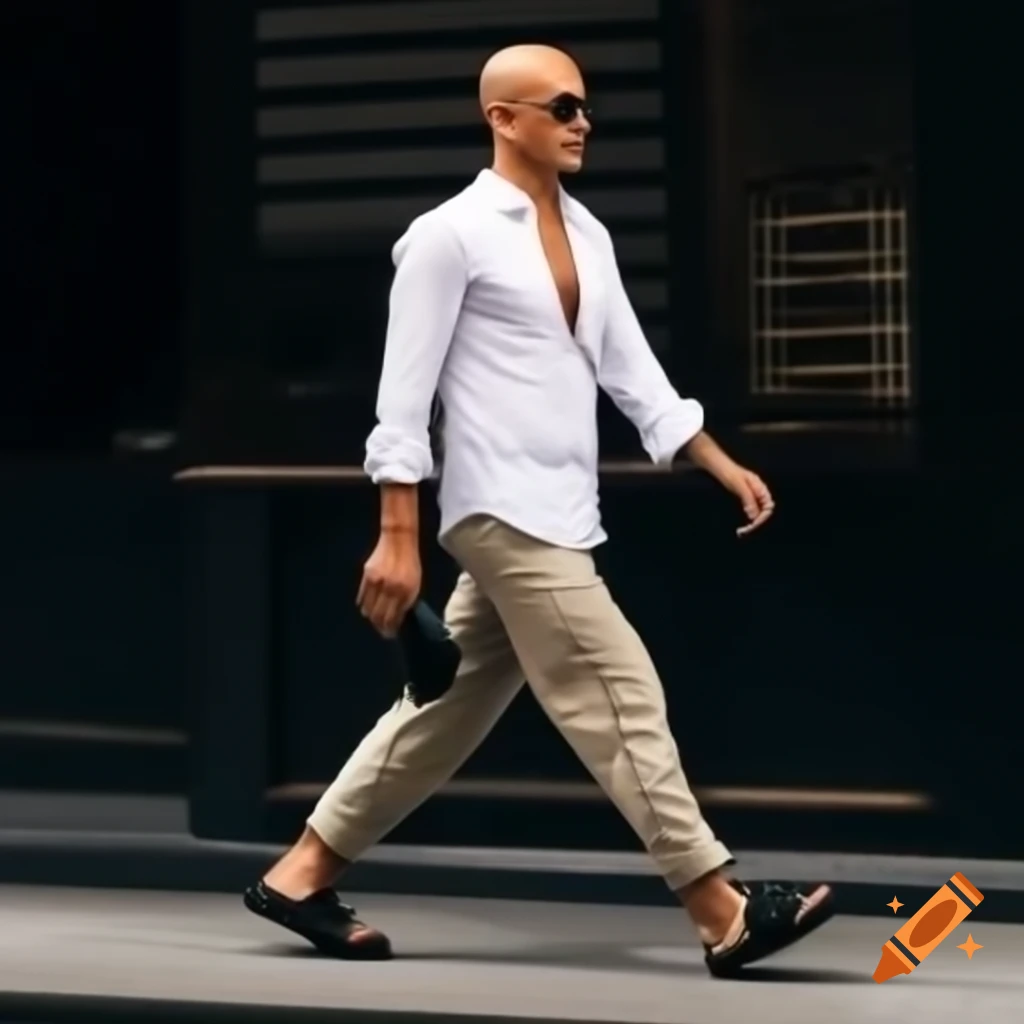 Slender bald Filipino man in white shirt and rugged pants walking in ...