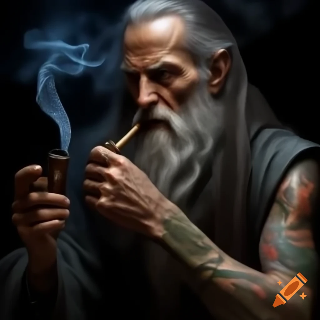Bald wizard in sleeveless robes with tattoos, smoking a pipe on Craiyon