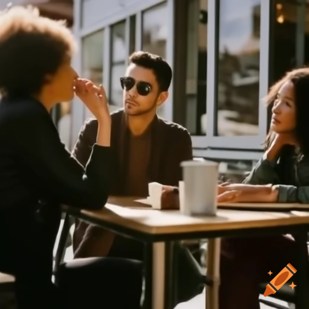 Two people conversing in a cafe with sunglasses on Craiyon