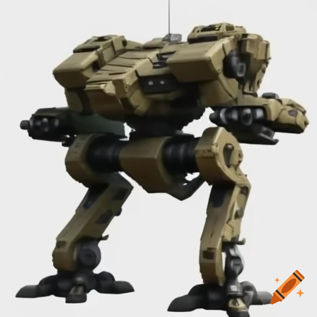 Heavily armored bulky battle mech with angular lines in military tan on ...