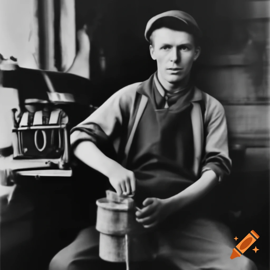 Historical black and white image of young industrial mechanic from 1900 ...