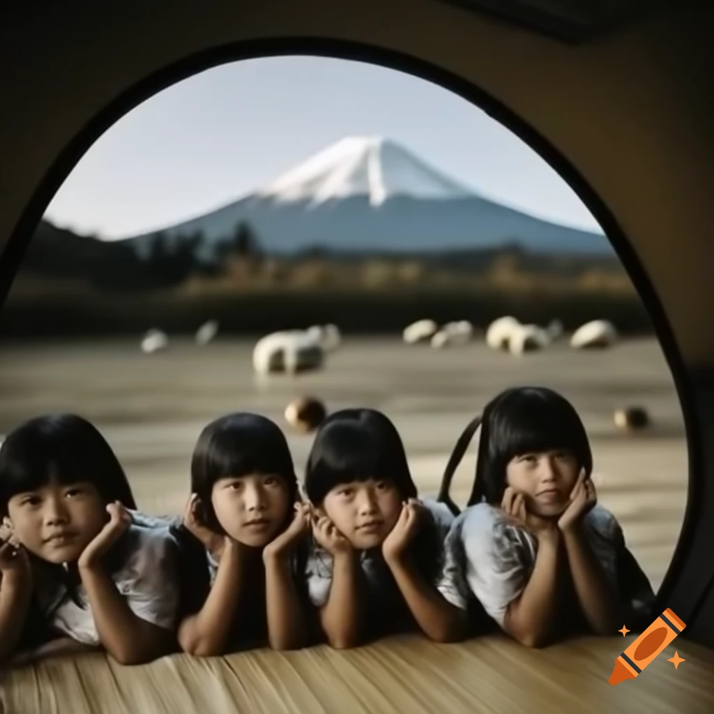 Japanese girls in tent surrounded by bamboo forest with Mount Fuji ...