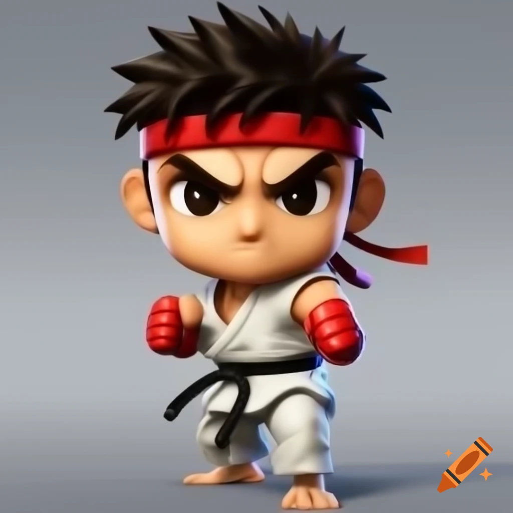 Chibi style Ryu from Street Fighter performing a back flip in 3D ...