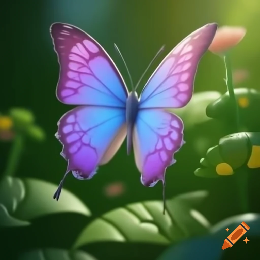 CGI render of a butterfly in a lush garden with pink and blue hues on ...