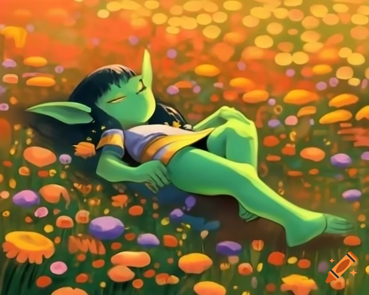 Green-skinned goblin girl in colorful flower field, anime style on Craiyon