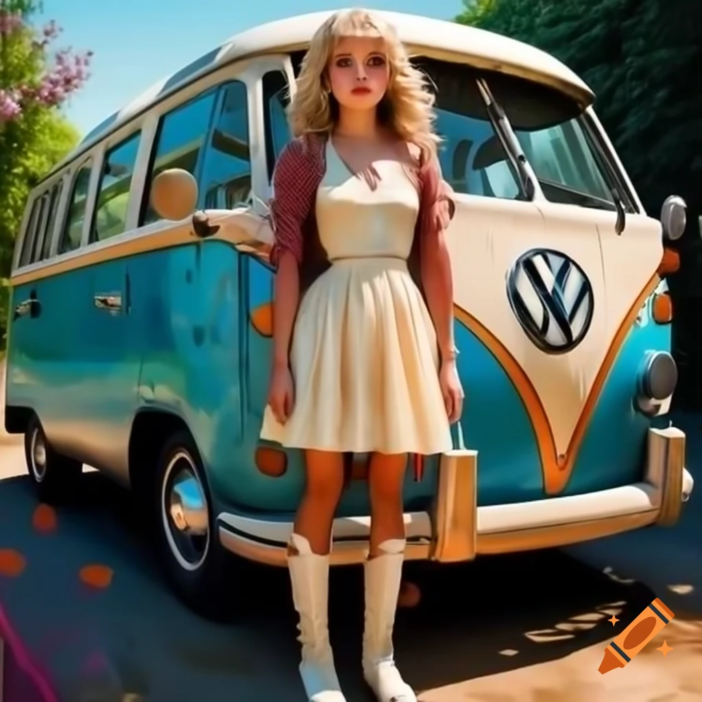 Young woman beside vintage 1970s Volkswagen bus in psychedelic colors ...