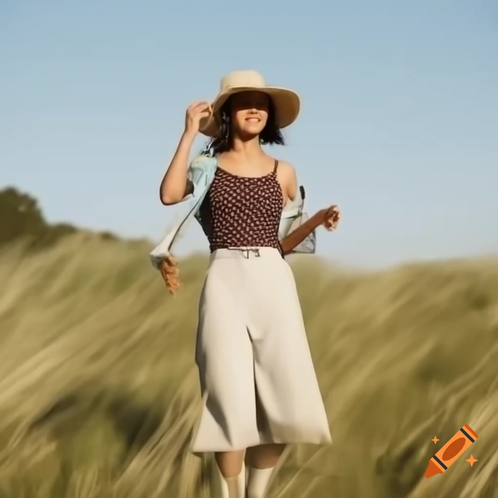 Woman in summer clothing enjoying sunny weather in grassy field on Craiyon