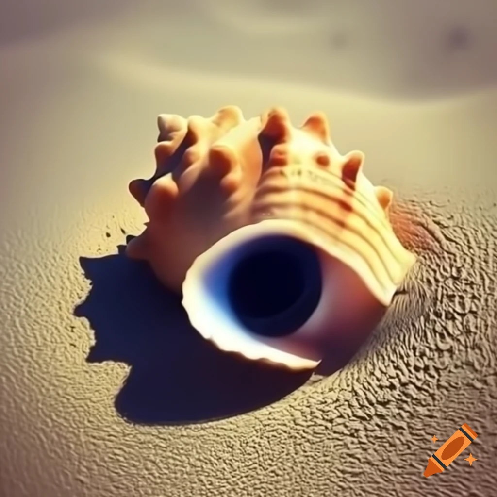 Exotic seashell in sandy beach with dark eyeball peeking from inside on ...